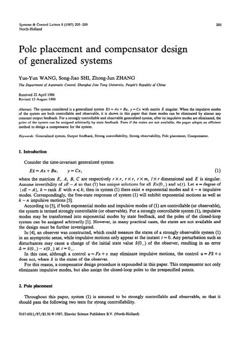 Pdf Pole Placement And Compensator Design Of Generalized Systems