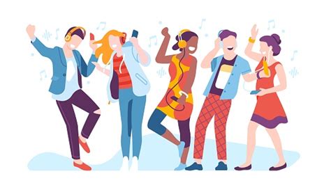 사람들은 음악을 듣습니다 헤드폰과 스마트폰으로 젊은 캐릭터들이 그룹화합니다 청소년 디스코 댄스 오디오 플레이어와 헤드셋 학생 파티 음악 엔터테인먼트 벡터 개념 노래에 대한