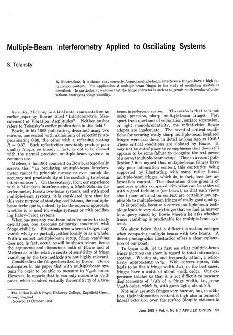 Pdf Multiple Beam Interferometry Applied To Oscillating Systems