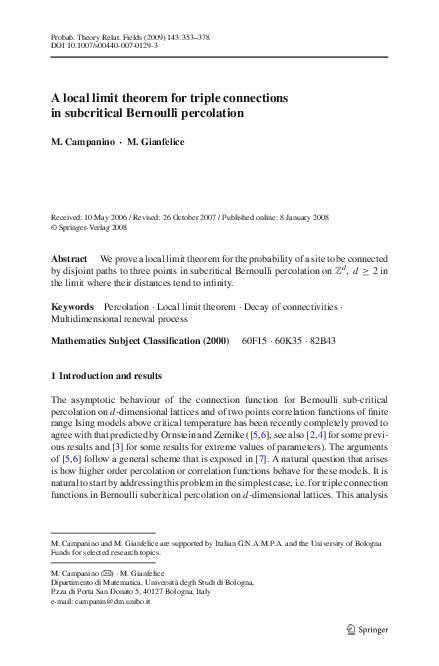 Pdf A Local Limit Theorem For Triple Connections In Subcritical Bernoulli Percolation