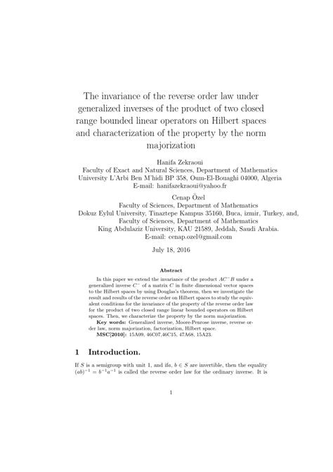 Pdf The Invariance Of The Reverse Order Law Under Generalized