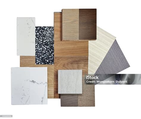 인테리어 디자인을위한 재료 샘플에는 세라믹 타일 흰색 대리석 목재 적층 바닥재 비닐 바닥 타일 월페이퍼 클리핑 경로가있는 흰색 배경에 격리 된 검은 색 테라 조가 포함되어