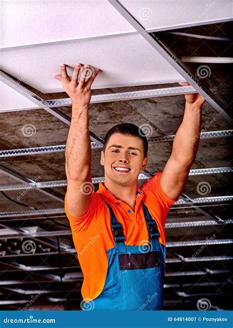 Man Installing Suspended Ceiling Stock Image Image Of Professional Occupation