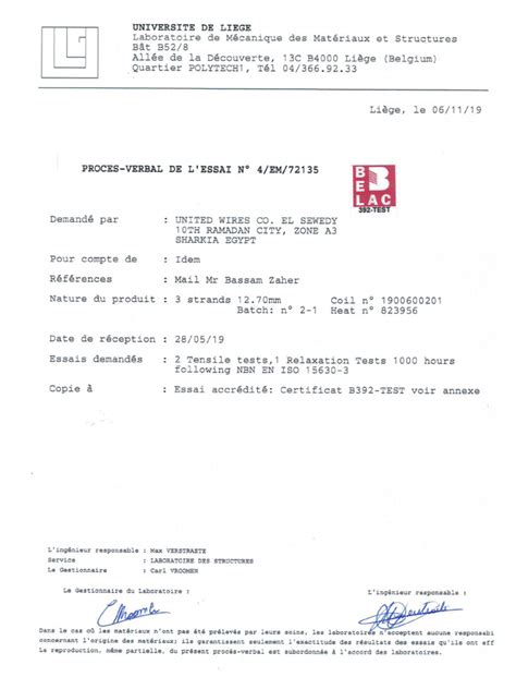Test Certificate Belgian Lab 127 Mm Pdf