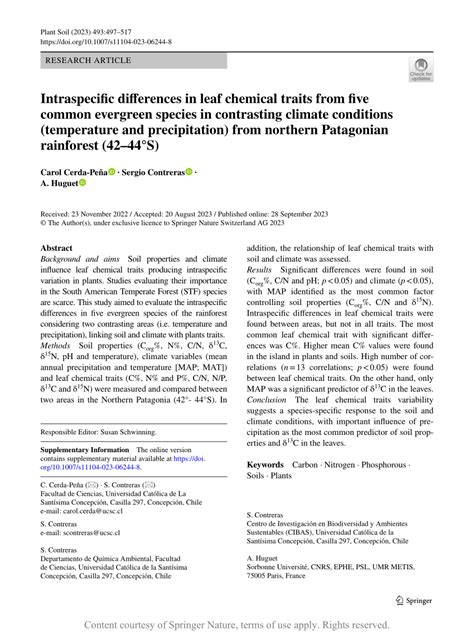 Intraspecific Differences In Leaf Chemical Traits From Five Common Evergreen Species In