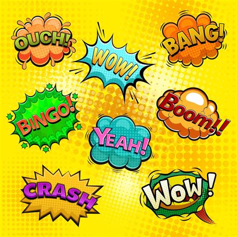 Comic speech bubble set with text and explosions. Boom, Bang, Ouch ...