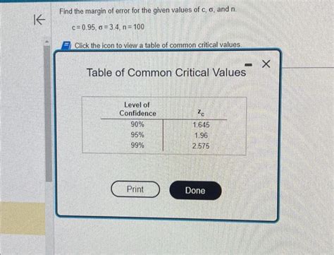 Solved Find The Margin Of Error For The Given Values Of Cσ