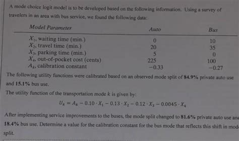 Solved A Mode Choice Logit Model Is To Be Developed Based On Chegg