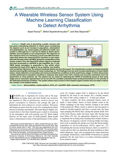 Pdf A Wearable Wireless Sensor System Using Machine Learning Classification To Detect Arrhythmia