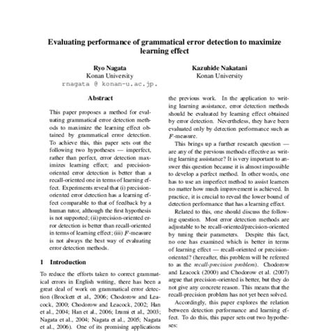 Evaluating Performance Of Grammatical Error Detection To Maximize Learning Effect Acl Anthology