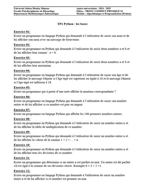 Exercices De Base En Python S3 Pdf