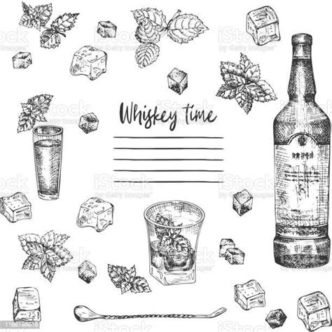 빈티지 손으로 그린 스케치 디자인 바 레스토랑 흰색 배경에 카페 메뉴 그래픽 벡터 아트입니다 전단지 배너 포스터 브로셔를위한 얼음과 민트 크리에이티브 템플릿iwhiskey