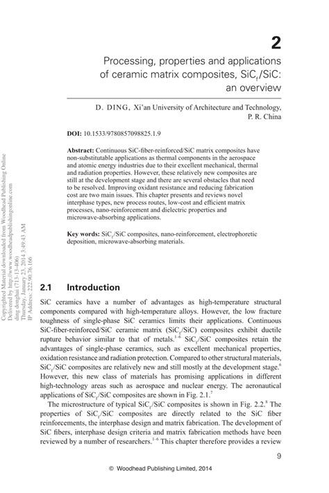 Pdf Processing Properties And Applications Of Ceramic Matrix Composites Sic F Sic