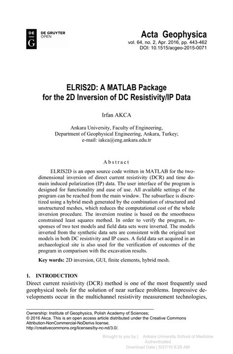 Pdf Elris2d A Matlab Package For The 2d Inversion Of Dc Resistivity