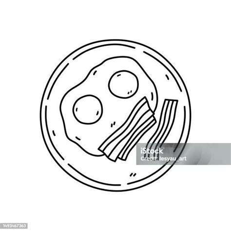 흰 배경에 분리된 접시에 베이컨을 곁들인 계란 후라이 낙서 스타일의 벡터 손으로 그린 그림입니다 다양한 디자인 카드 장식 로고 메뉴 레시피에 적합합니다 계란 노른자에 대한