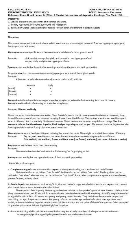 Lecture Note Semantics Part 2 Lecture Note 2 Lorenzo Vivian Irish M