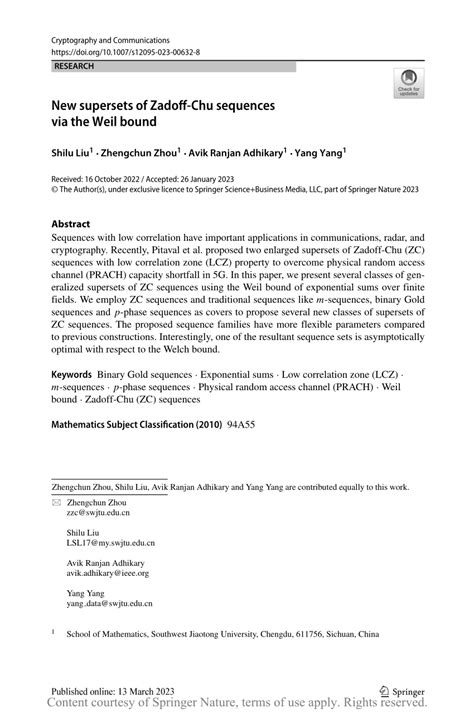 New Supersets Of Zadoff Chu Sequences Via The Weil Bound Request Pdf