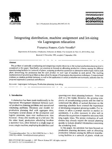 Pdf Integrating Distribution Machine Assignment And Lot Sizing Via Lagrangean Relaxation