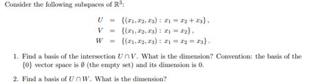 solved consider the following subspaces of r3 u v w