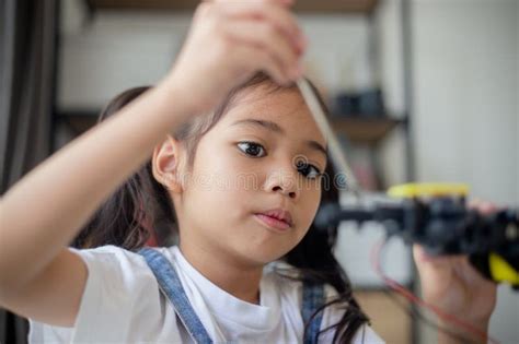 Stem Education Concept Asian Young Girl Learning Robot Design Stock