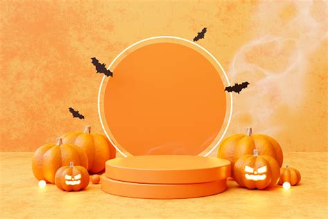 구름 연기와 호박 연단 받침대 제품 디스플레이 플랫폼이있는 할로윈 제품 배치 배경 3d 일러스트 0명에 대한 스톡 사진 및 기타 이미지 Istock