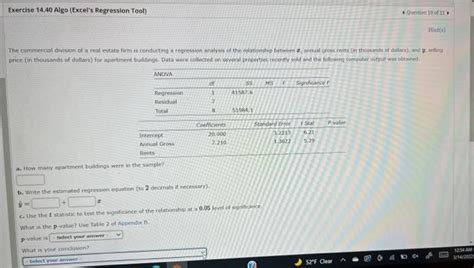 solved exercise 14 40 algo excel s regression tool