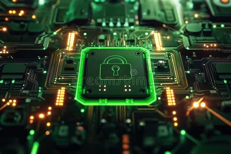 Digital Lock Symbol On Circuit Board With Glowing Green Lights In A Technology Setting Stock