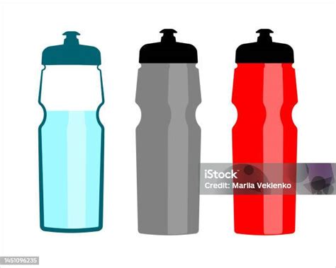 스포츠 물병 아이콘입니다 플랫 스타일의 빨간색 회색 및 파란색 투명 플라스틱 병 흰색 배경에 격리된 벡터 그림 건강한 생활방식에 대한 스톡 벡터 아트 및 기타 이미지