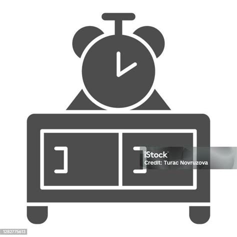 서랍과 시계 단단한 아이콘의 가슴 가구 개념 흰색 배경에 나무 테이블 기호에 시계 모바일 및 웹용 글리프 스타일의 시계 아이콘이