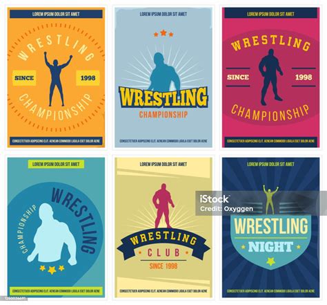 레슬링 포스터 세트 복고풍 인쇄 배너 스티커 커버 등을위한 다채로운 무술 템플릿 벡터 레슬링 격투기에 대한 스톡 벡터 아트 및 기타 이미지 Istock