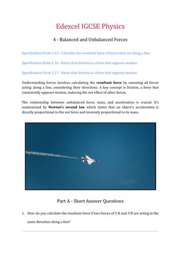 Edexcel Igcse Physics Worksheet 4 Balanced And Unbalanced Forces Teaching Resources