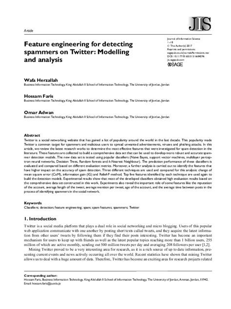 Pdf Feature Engineering For Detecting Spammers On Twitter Modelling