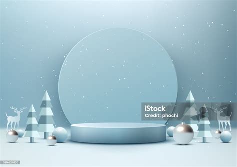 제품 전시를 위한 연약한 파란 원형 배경막과 소나무를 가진 크리스마스 연단 훈장 크리스마스에 대한 스톡 벡터 아트 및 기타 이미지 크리스마스 강단 원형 Istock