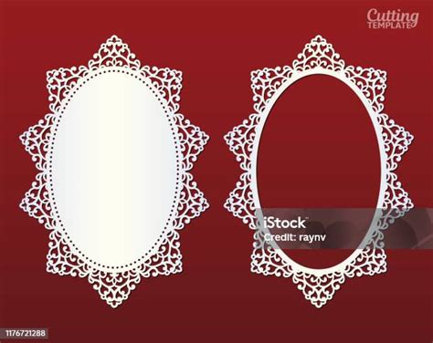 레이저 컷 종이 레이스 타원형 프레임 벡터 일러스트레이션 패턴 장식 컷 아웃 사진 프레임입니다 추상 빈티지 배경입니다 결혼식 초대장 및 인사말 카드 요소 결혼식에 대한 스톡