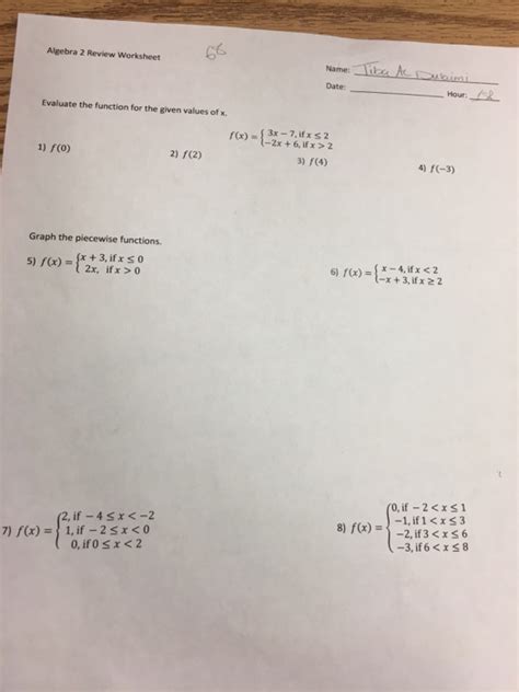Solved Algebra 2 Review Worksheet Evaluate The Function For