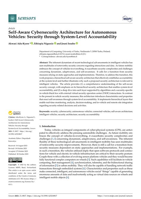 Pdf Self Aware Cybersecurity Architecture For Autonomous Vehicles Security Through System