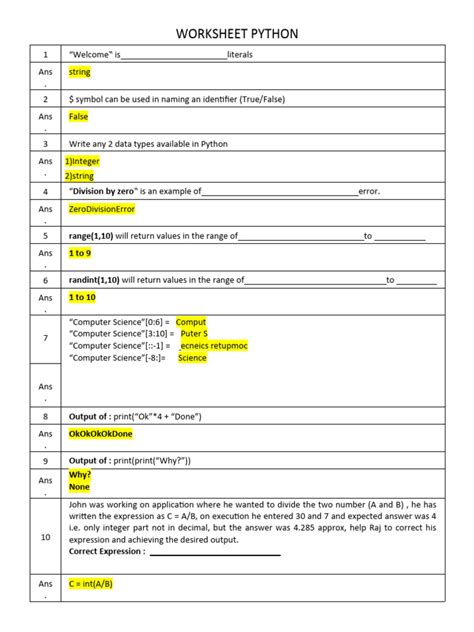 Worksheet Python Revision Tour Pdf Teaching Methods And Materials Computers