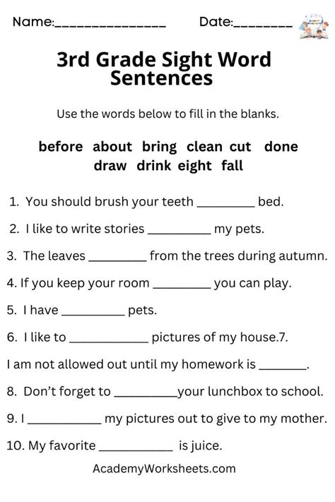 3rd Grade Sight Word Activities Sentences Fill In The Blank Worksheet