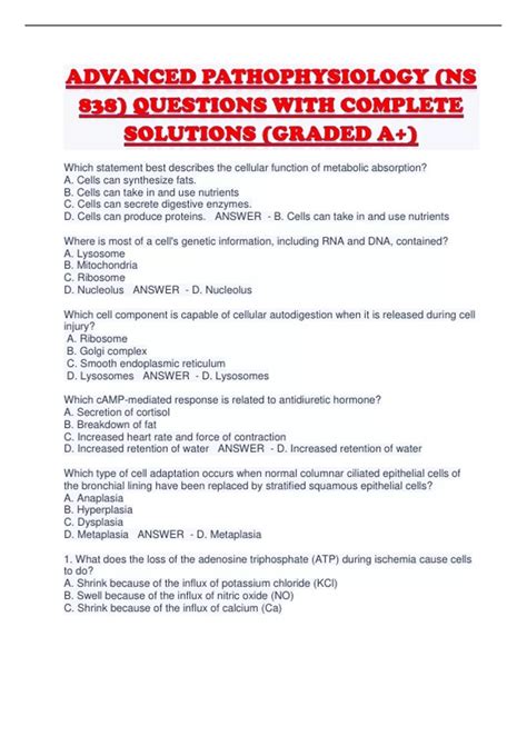 Advanced Pathophysiology Ns 838 Questions With Complete Solutions Graded A Advanced