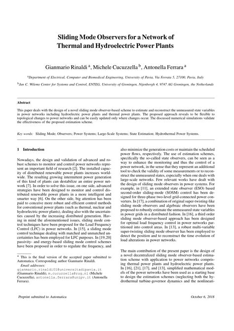 Pdf Sliding Mode Observers For A Network Of Thermal And Hydroelectric