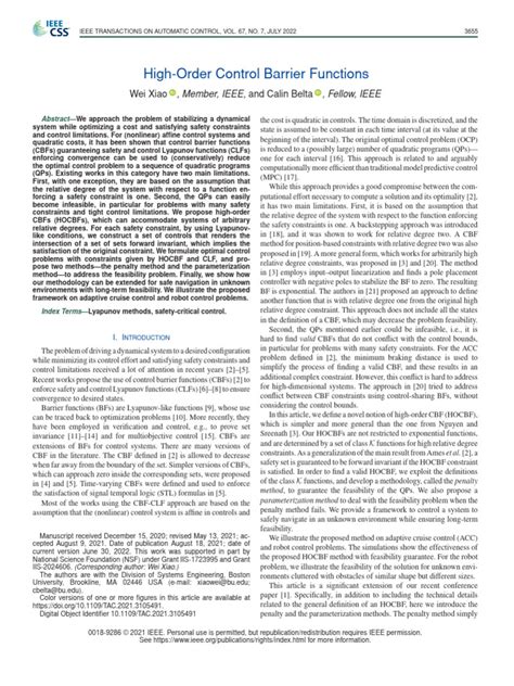 High Order Control Barrier Functions Pdf Function Mathematics Optimal Control