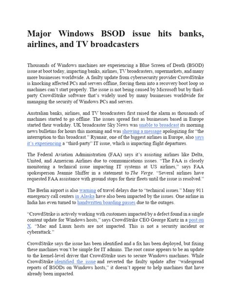 Major Windows Bsod Issue Hits Banks Pdf Microsoft Windows