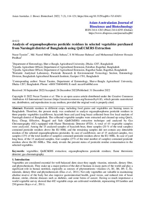 Pdf Analysis Of Organophosphorus Pesticide Residues In Selected Vegetables Purchased From