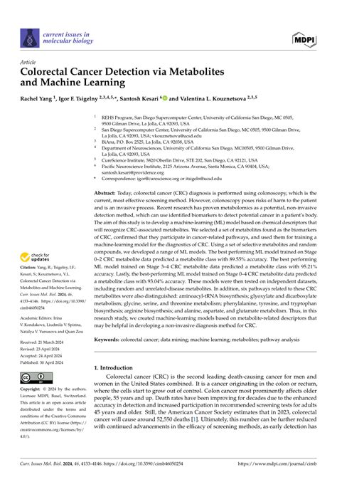 Pdf Colorectal Cancer Detection Via Metabolites And Machine Learning