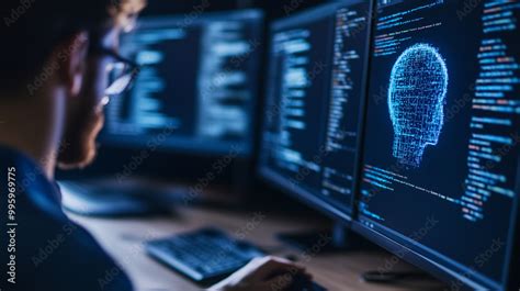Team Of Developers Coding An Ai Algorithm On Multiple Screens In A Dark