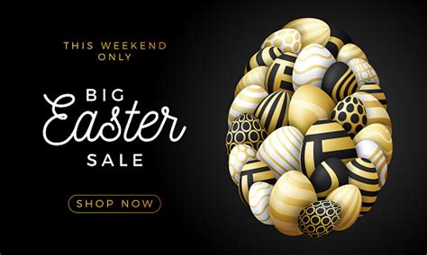 달걀이있는 고급 해피 부활절 카드 많은 아름다운 황금 현실 계란은 큰 계란의 모양으로 배치됩니다 검은 배경에 부활절 벡터 그림입니다 개념에 대한 스톡 벡터 아트 및 기타