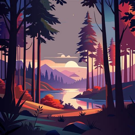 Forest At Dusk Background Vector Illustration Flat 2 Premium Ai