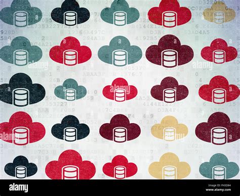 software concept database with cloud icons on digital paper background