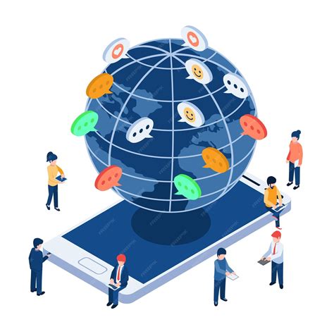 아이소메트릭 사람들은 소셜 미디어 정보 및 통신 기술을 통해 다른 사람과 채팅합니다 프리미엄 벡터