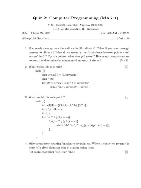 quiz 2 computer programming ma511 attempt all questions marks 30